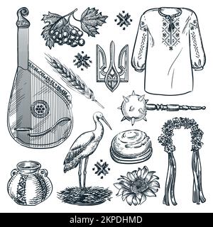 Vector set of elements with Ukrainian symbols, a dove of peace, a coat ...