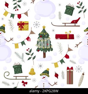 Christmas seamles pattern with tree, santa, decoration, gifts ...