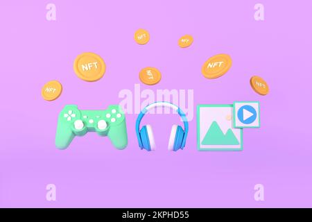 NFT 3d image. Blockchain Non Fungible Token idea. Computer chip NFT on ...