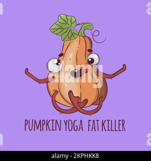 PUMPKIN YOGA Funny Halloween Flat Design Cartoon Hand Drawn Vector ...