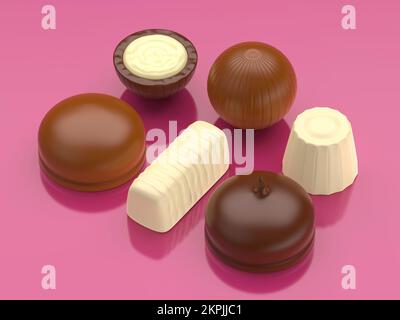 Assorted chocolate candies on shiny pink background Stock Photo - Alamy