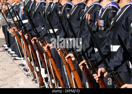 Petty officers of the Italian Navy lined up with musket. Taranto ...
