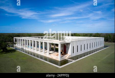 Ariel view showing building in Yucatan jungle. Plantel Matilde, Merida ...