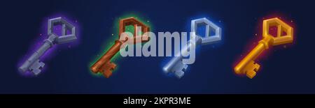 Game keys props icons, gamer assets. Golden iron, silver and crystal ...