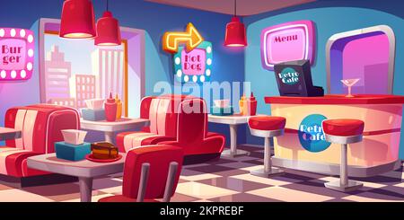 American retro diner interior with furniture. Vector cartoon ...