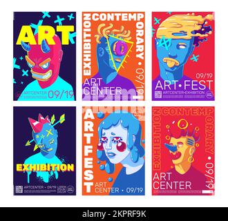 Art exhibition flyers with contemporary portraits, abstract faces ...