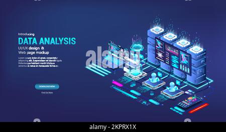 Big digital data analysis, classification and storage. Tiny people work with info conversion ...