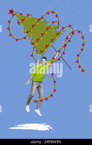 Collage photo poster of young excited person jumping air celebrate new ...