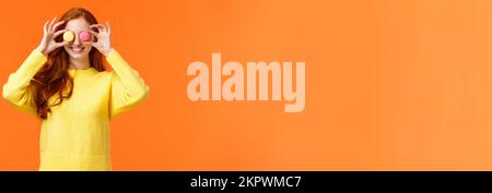 Fashion, food and consumer concept. Cheerful silly redhead woman ...