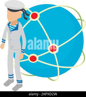 Seaman icon isometric vector. Faceless sailor character on globe ...