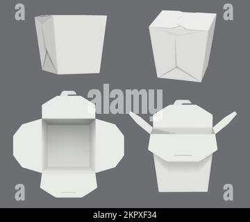 Wok box with noodles. Realistic cardboard pasta container, different ...