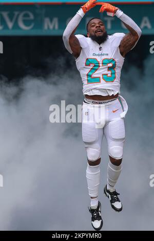 Miami Dolphins running back Jeff Wilson Jr. (23) looks on before an NFL football game against ...