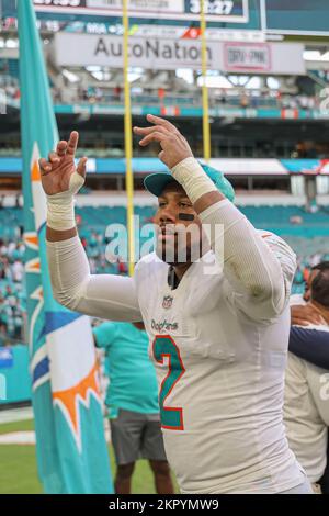 Miami Dolphins linebacker Bradley Chubb (2) attends a press conference after an NFL football ...