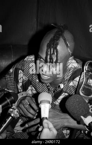 Angelo Moore, singer of the band Fishbone, surrounded by microphones ...