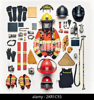 knolling flat-lay picture of firefighter gear with uniform and helmet. Firefighting equipment ...