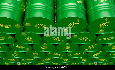 Wall of biofuel barrels or biodiesel drums. Sustainable energy concept ...