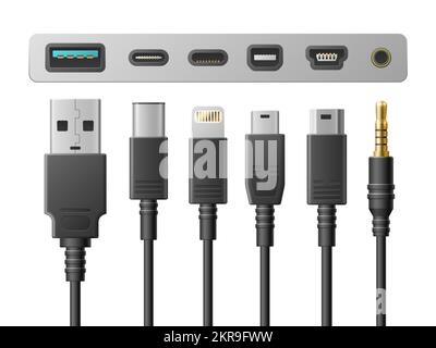 Realistic usb cable connectors types set of images with modern types of ...