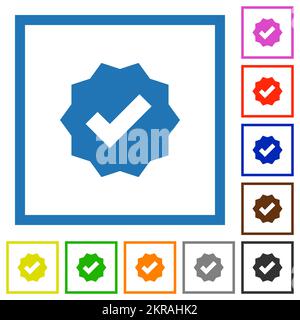 Verified sticker solid flat color icons in round outlines on white ...