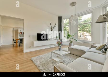 Comfortable couch located near bookcases with TV and decorations in ...