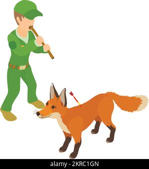 Fox capturing icon isometric vector. Man with blowpipe with dart near ...