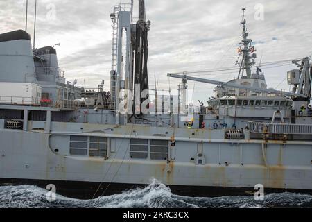 The French underway replenishment tanker FS VAR (A-608), left, is ...