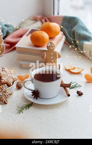Aesthetics Christmas mood with gingerbread cookies, cocoa, light ...