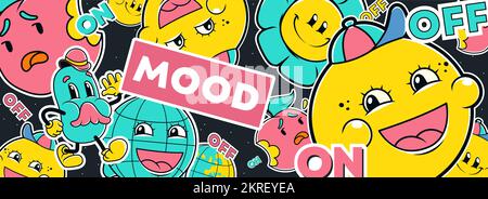 Y2k banner, mood on off concept with funny characters yellow emoji face ...