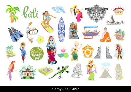 set of Bali Indonesia traditional symbols element, balinese flat design ...