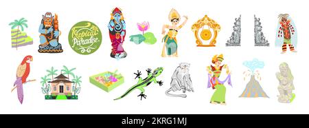 set of Bali Indonesia traditional symbols element, balinese flat design ...