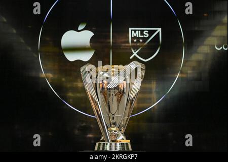 The Philip F. Anschutz Trophy, awarded to the MLS Cup Champion, sits at ...