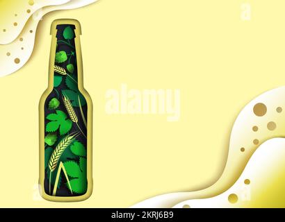 Realistic malt beer, ad promotion banner, bottle with label and glass ...