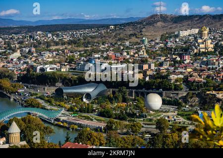 From above autumnal Old Tbilisi capital city of Georgia with river ...