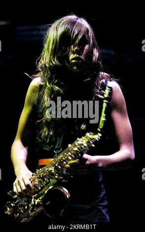 Abi Harding, saxophonist with THE ZUTONS at Cardiff Welsh Club ...