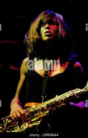 Abi Harding, saxophonist with THE ZUTONS at Cardiff Welsh Club ...