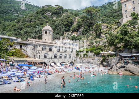 Portofino, Italy - 07/02/2020: the bay of San Fruttuoso with green ...