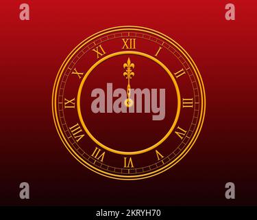 Golden Clock striking twelve on white background illustration Stock ...