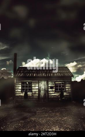 Rundown shack house in the Woods with figure head in window Stock Photo ...