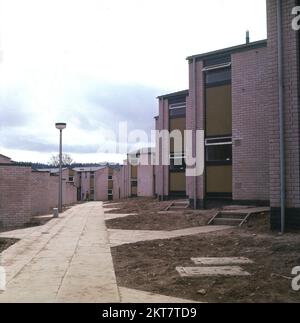 1970s, historical, exterior view of a recently constructed housing ...
