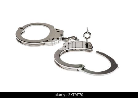 Pair of steel handcuffs isolated on white background. Silver metal ...