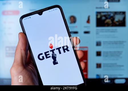 In this photo illustration, the Gettr social media App seen displayed ...