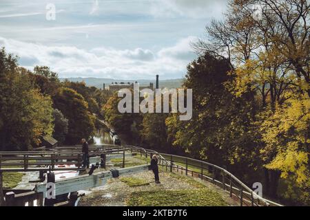 One of the historic Flight of Five locks of the Erie Canal in Lockport ...