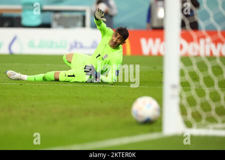 Iran's goalkeeper Alireza Beiranvand looks up at the end of the World ...