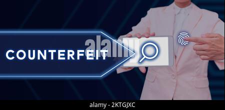 Sign displaying Counterfeit. Word for made in imitation of something ...