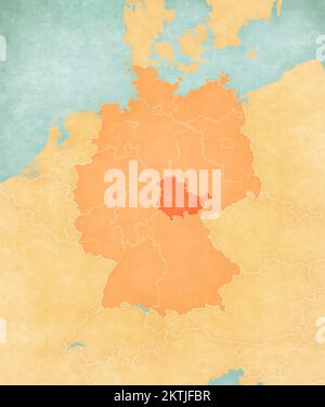 Thuringia on the map of Germany in soft grunge and vintage style, like ...