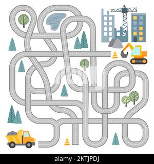 Maze game with vehicles and tangled road. Help the police car to reach ...