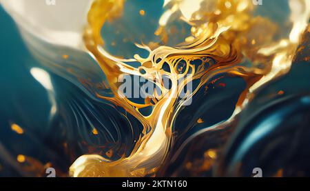 Abstract amber and gold paint splatter background. Fluid shapes ...