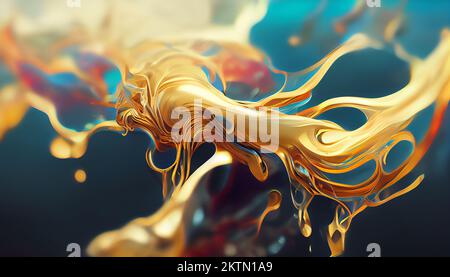 Abstract amber and gold paint splatter background. Fluid shapes ...