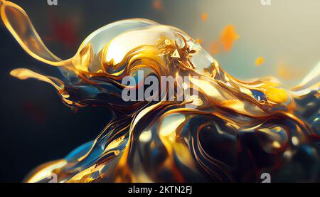 Abstract amber and gold paint splatter background. Fluid shapes ...