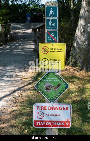 Hiking trail signs at Deas Island Regional Park in Delta, British ...