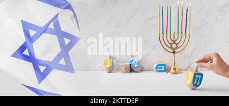 Collage of Israeli flag with menorah and dreidels for Hanukkah Stock ...